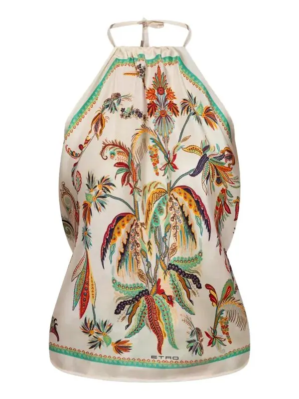 Etro Floral Print Silk Halter Neck Blouse - Neutrals