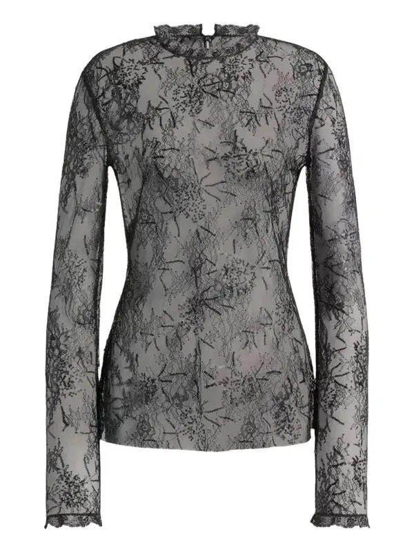 Alberta Ferretti Lace Ruffled High Neck Blouse - Black
