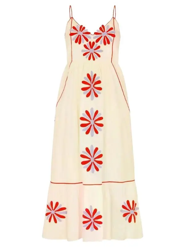 Carolina K Gardenia White Floral Appliqué Tiered Dress - Neutrals