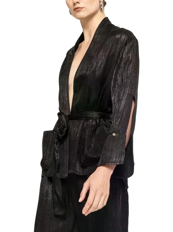 NISSA Viscose Shirt With Waist Tie And Sheer Inserts - Black