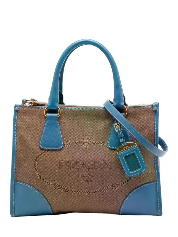 Prada Saffiano Leather Trimmed Canvas Canapa Logo Double Zip Satchel - Brown