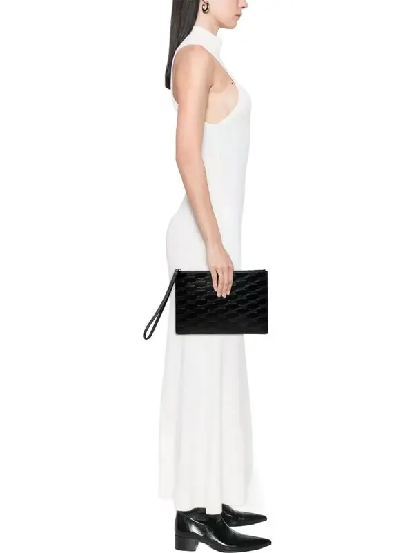 Balenciaga Monogram Embossed Leather Wristlet Clutch Bag - Black