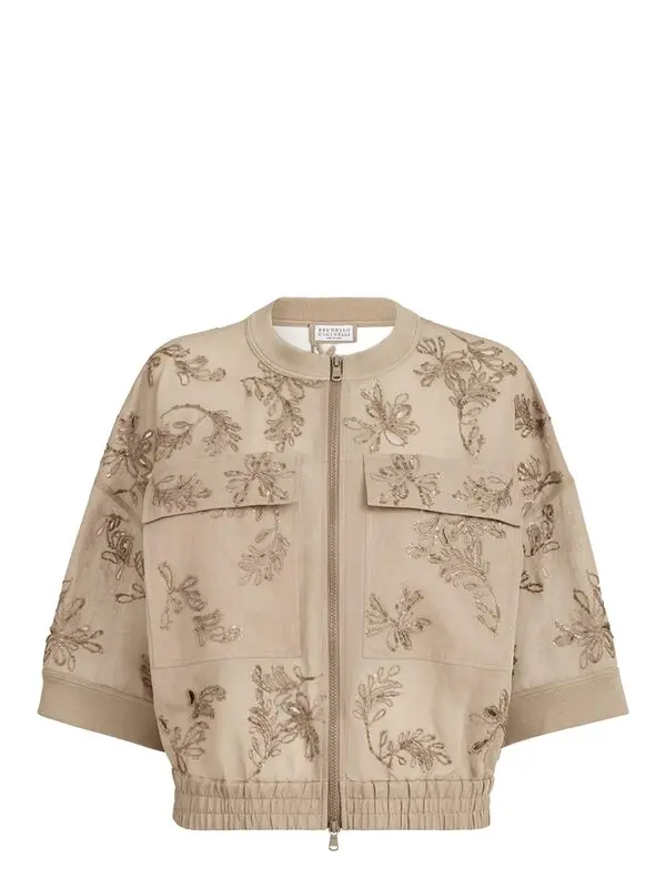 Brunello Cucinelli Embroidered Cotton Organza Bomber Jacket - Beige