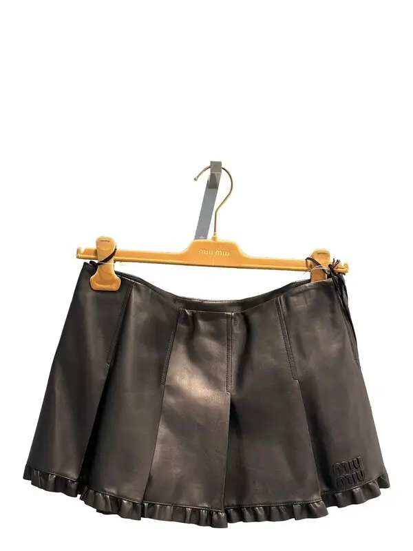 Miu Miu Pleated Nappa Leather Midi Skirt With Ruffle Hem - Black