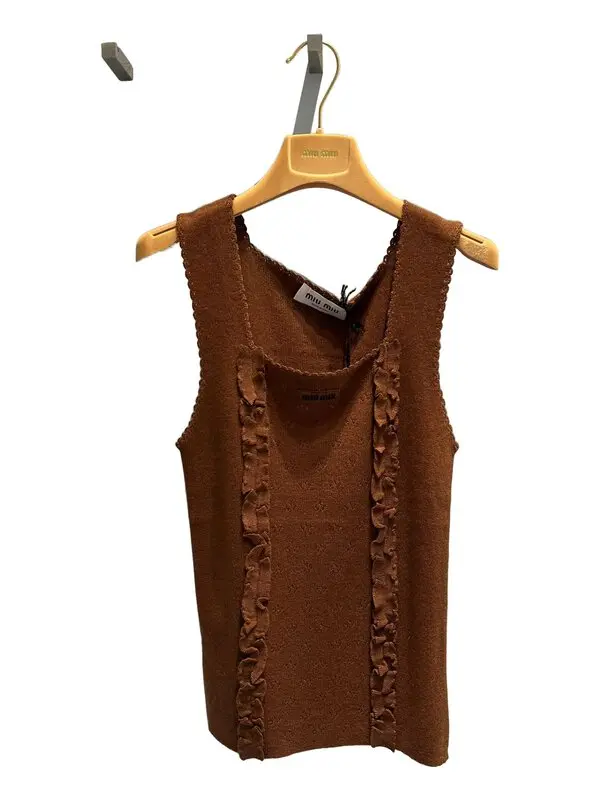 Miu Miu Cashmere And Silk Sleeveless Top With Ruffle Detail - Brown