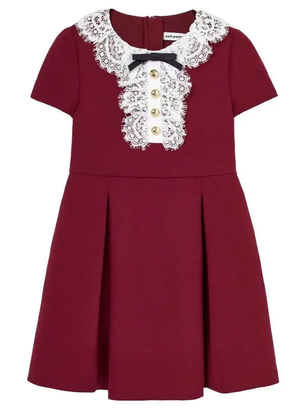 SELF-PORTRAIT Lace Bib Pleated Dress - Wine Red