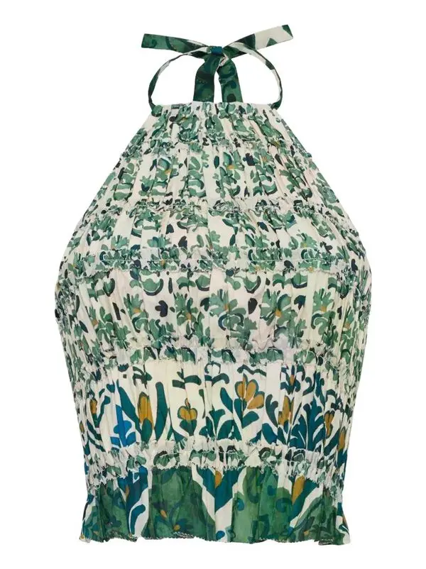 Cara Cara Peony Floral-print Smocked Halter Top - Green