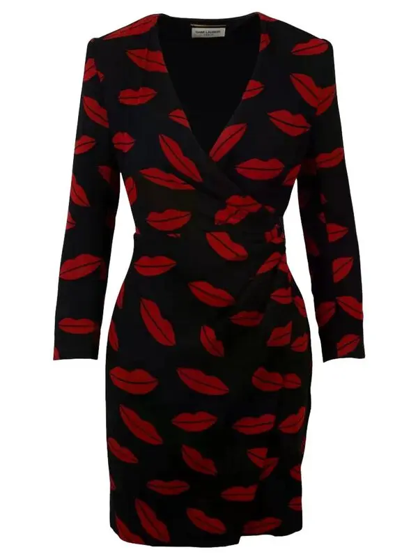 Saint Laurent Silk Lips Print V-neck Wrap Dress - Black