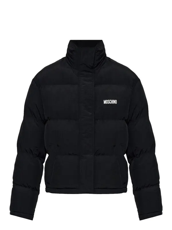 Moschino Padded Stand-up Collar Jacket With Logo And Smiley Print - Black