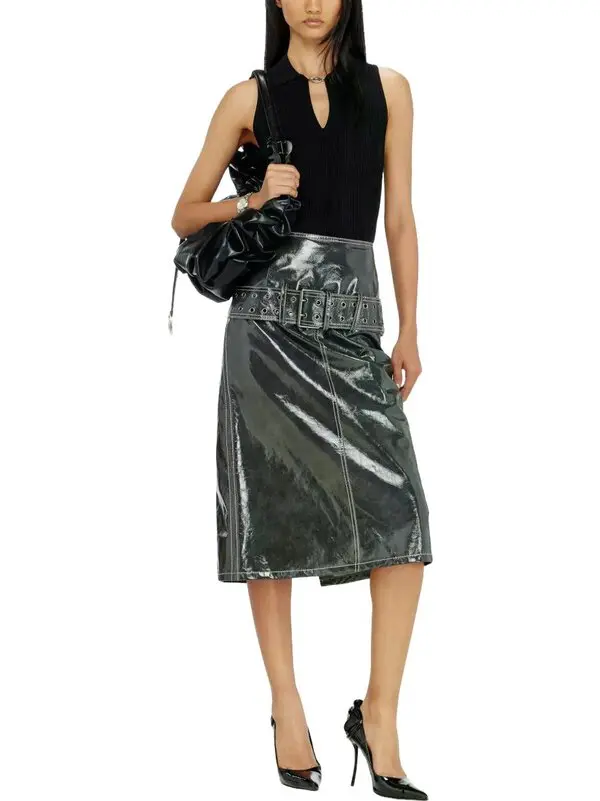 DIESEL® Sleeveless Rib-knit Silk Blend Polo Top With Oval D Plaque - Black