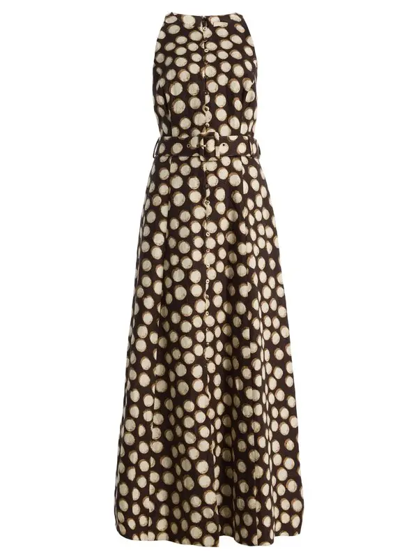 ALEMAIS Paula Belted Printed Linen Midi Dress - Brown