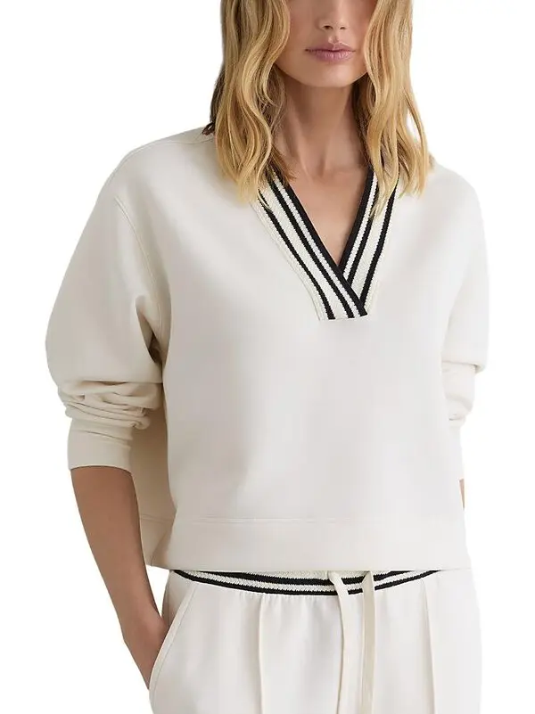 REISS Verity Sweatshirt With V-neck And Striped Trim - Ivory