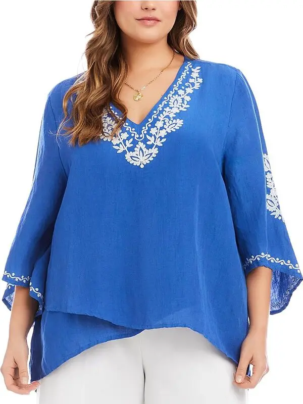 Karen Kane Embroidered Asymmetrical Linen Blend Top - Blue