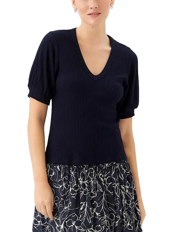 Karen Kane Ribbed Puff Sleeve V-neck Top - Navy