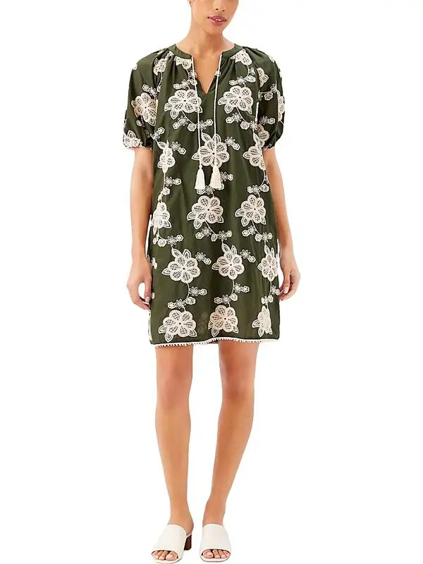 Karen Kane Embroidered Puff Sleeve Dress - Olive/natural