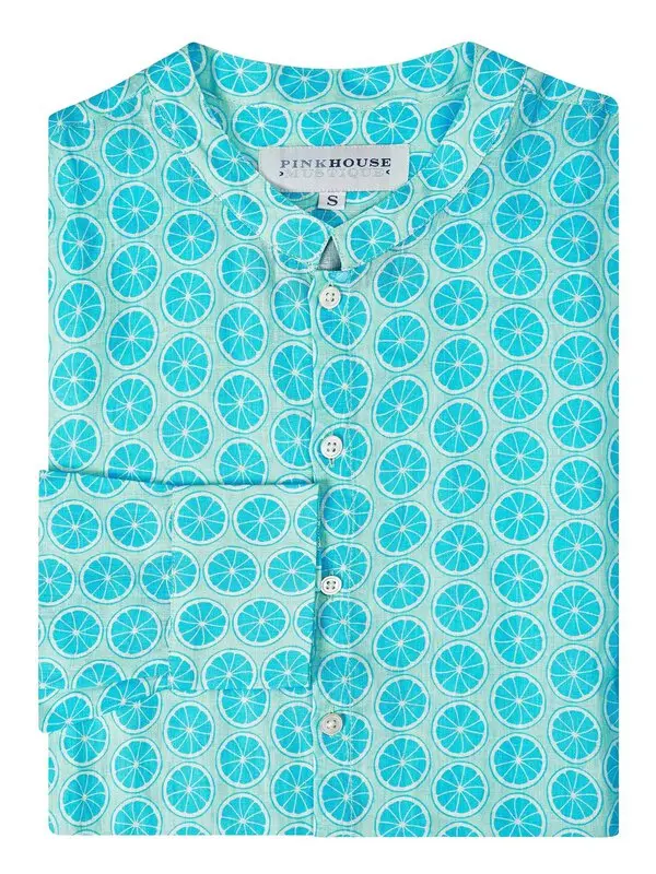 PINK HOUSE Linen Collarless Shirt Lime Slice - Blue