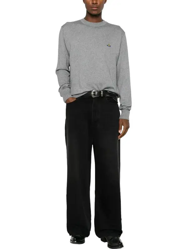 VIVIENNE WESTWOOD Alex Embroidered-detail Crew-neck Long-sleeve Knitted Cotton T-shirt - Grey