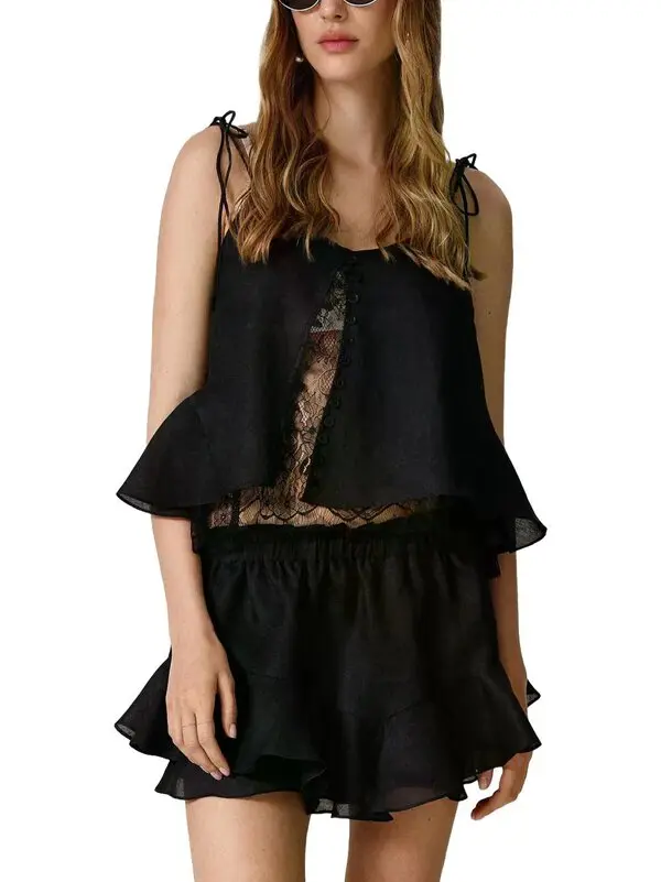 PNK Lace-panelled Ruffled Tank Top - Black