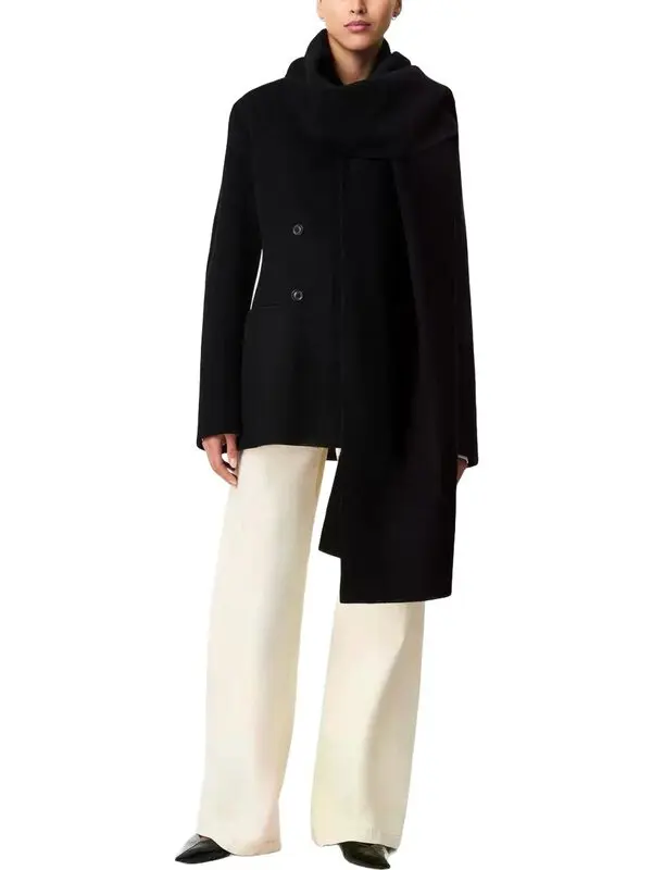 Another Tomorrow Double-breasted Scarf Coat - Black
