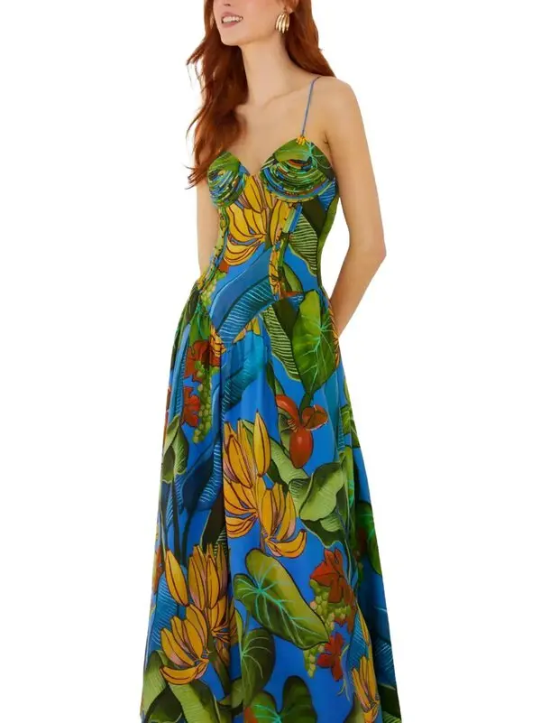 Farm Rio Banana Grapes 3d Bodice Sleeveless Maxi Dress - Blue