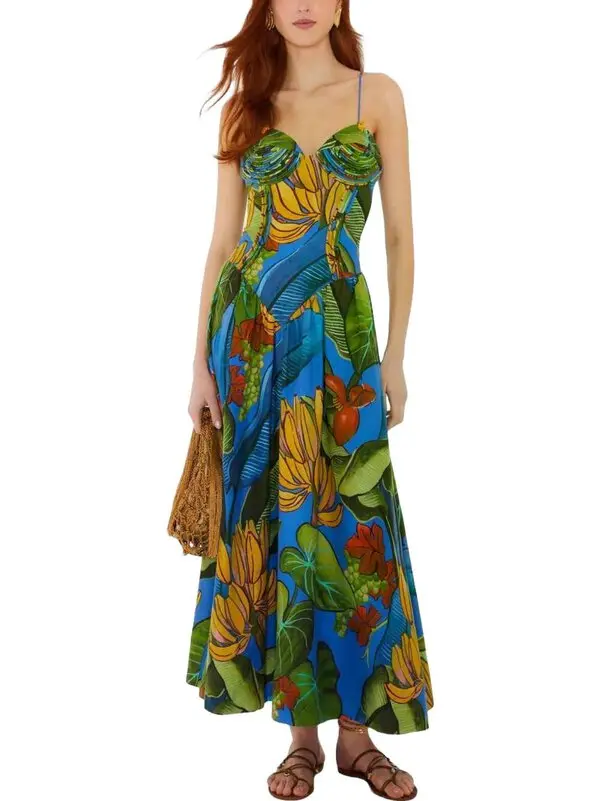 Farm Rio Banana Grapes 3d Bodice Sleeveless Maxi Dress - Blue