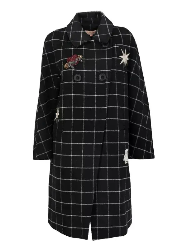 Vintage Checkered Embroidered Coat - Black