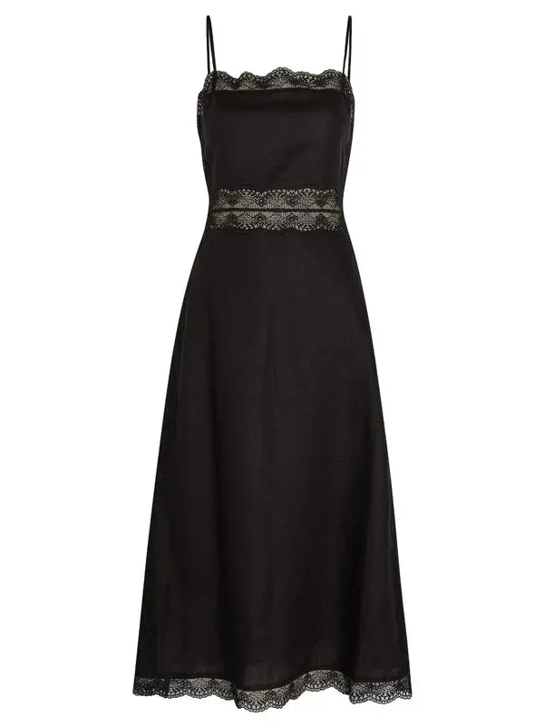 Staud Lace And Linen Midi Dress - Black