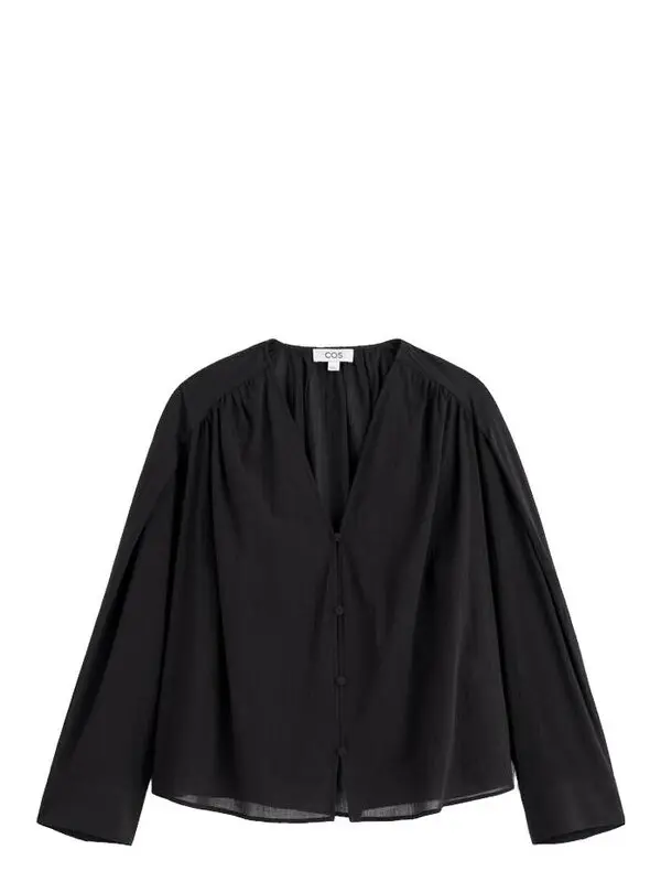 Cos Gathered Lightweight Cotton V-neck Shirt - Black
