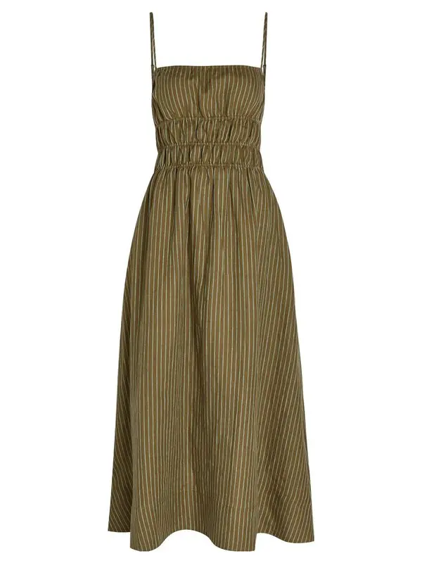 Staud Ayla Striped Linen Midi Dress - Green