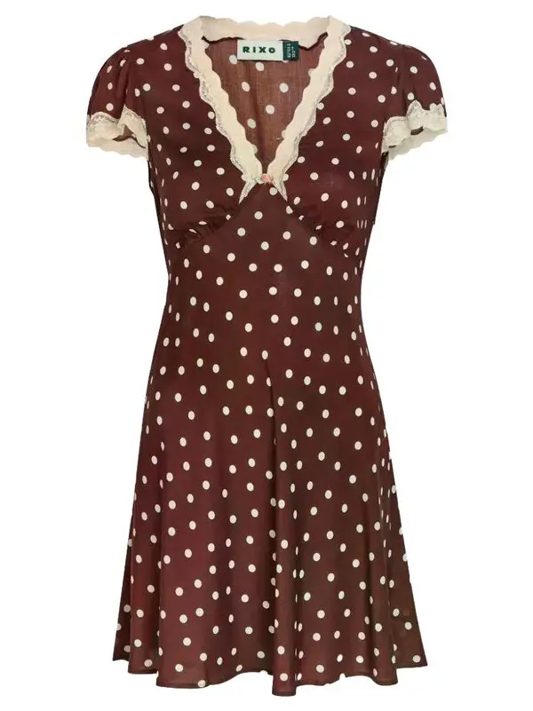 Rixo Cely Polka-dot Lace-trim Mini Dress - Brown
