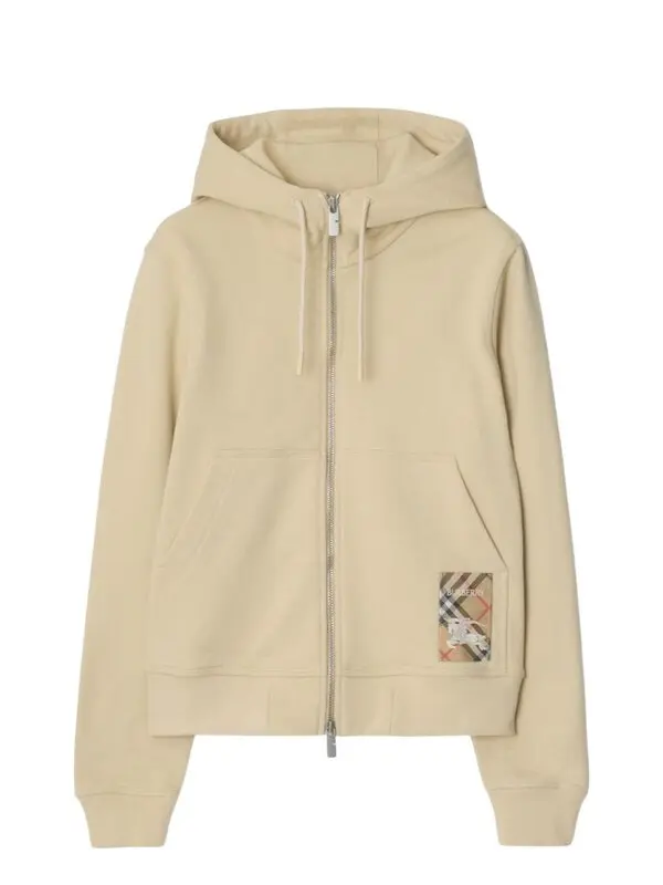 Burberry Logo Patch Zipped Drawstring Hoodie - Nutmeg