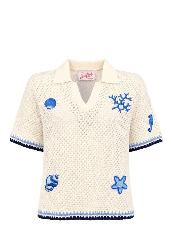MC2 SAINT BARTH Embroidered Open-knit Polo Shirt - White