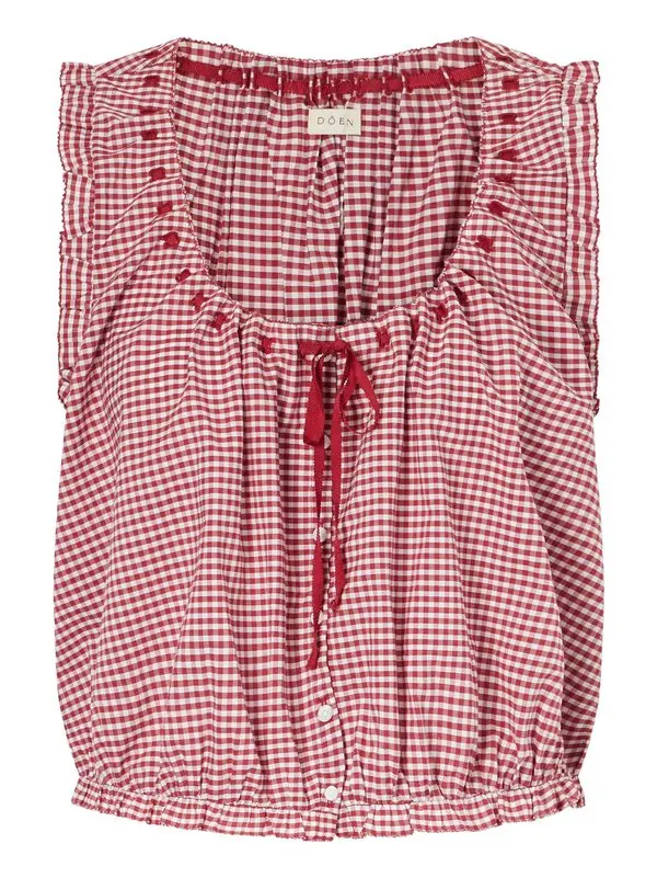 DÔEN Traveler Gingham Organic Cotton Blouse With Ruffle Trim - Red