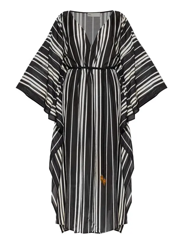 Tory Burch Long Striped Kimono Dress With Braided Belt - Black