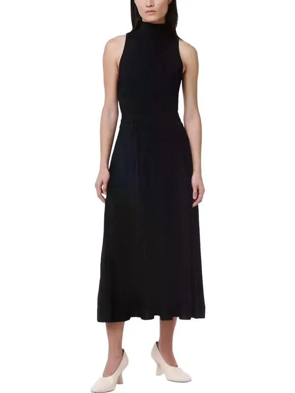 Another Tomorrow Pleated Mock Neck Midi Dress - Black
