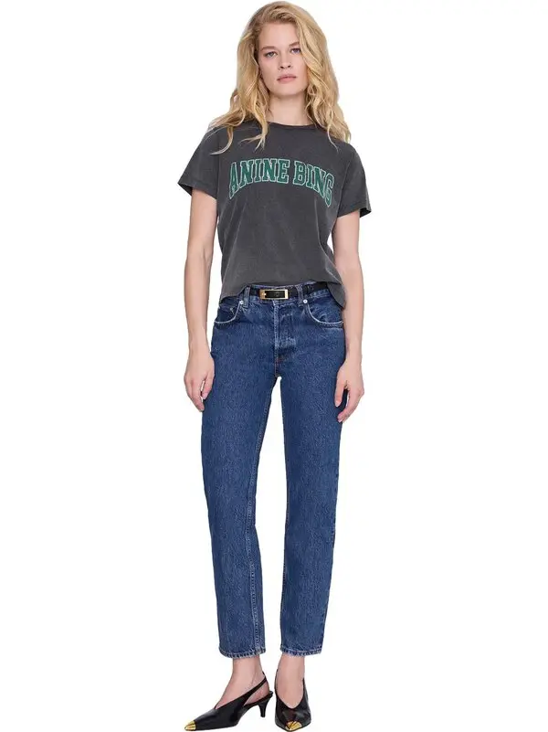 ANINE BING Shelley Cropped Baby Tee With Embroidered Logo - Washed Black