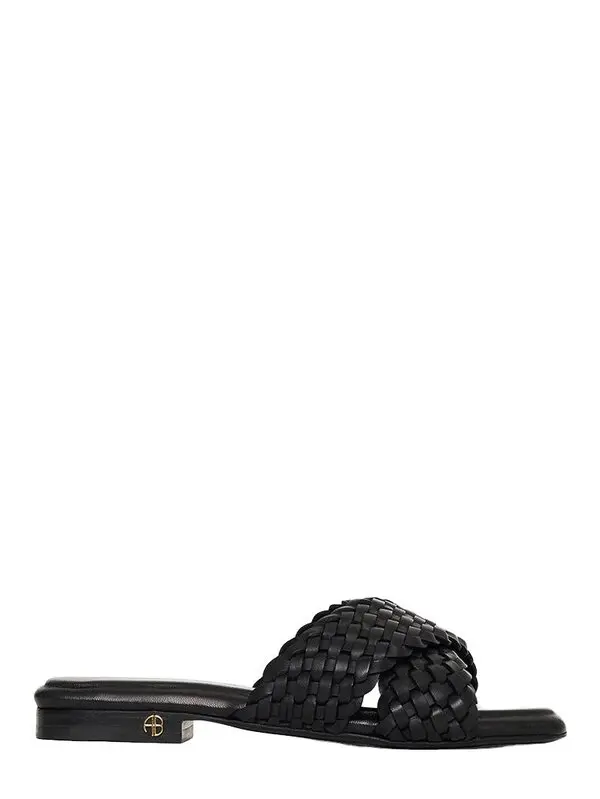 ANINE BING Braided Leather Square Toe Slides - Black