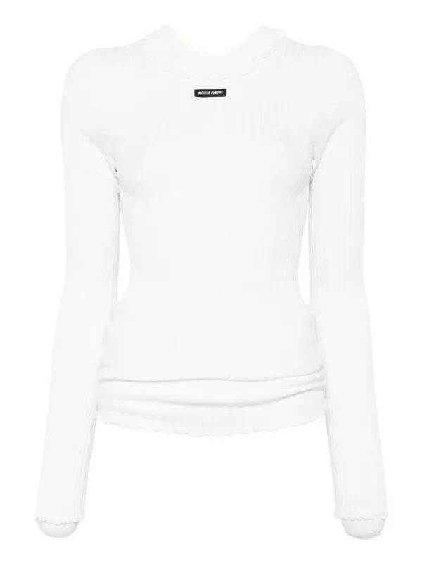 Miu Miu Ribbed Knit Long Sleeve Top With Ruffled Neckline - Multicolor