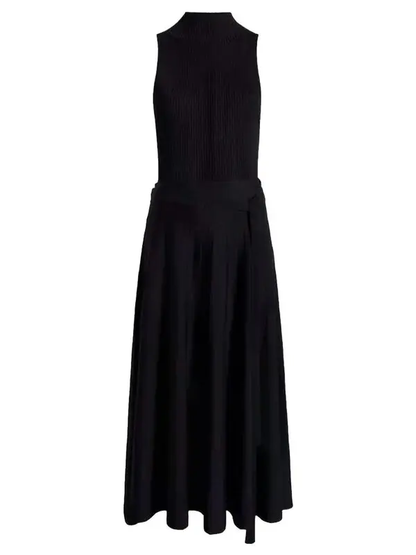 Another Tomorrow Pleated Mock-neck Midi Dress - Black