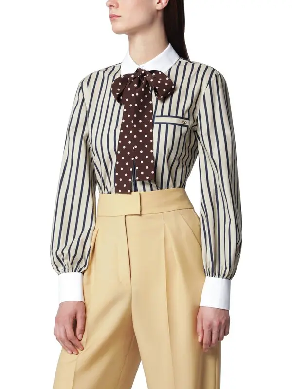 Valentino Garavani Striped Cotton Shirt With Scarf Detail - Beige