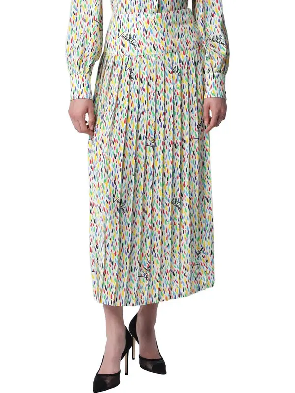 Valentino Garavani Pleated Silk Midi Skirt With All-over Logo Print - Multicolor