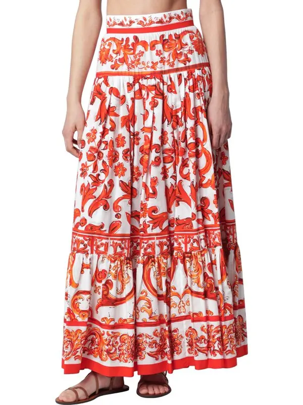 Dolce & Gabbana Long Printed Cotton Poplin Skirt - Orange