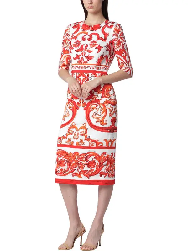 Dolce & Gabbana Fitted Silk Charmeuse Maiolica Print Dress - Orange