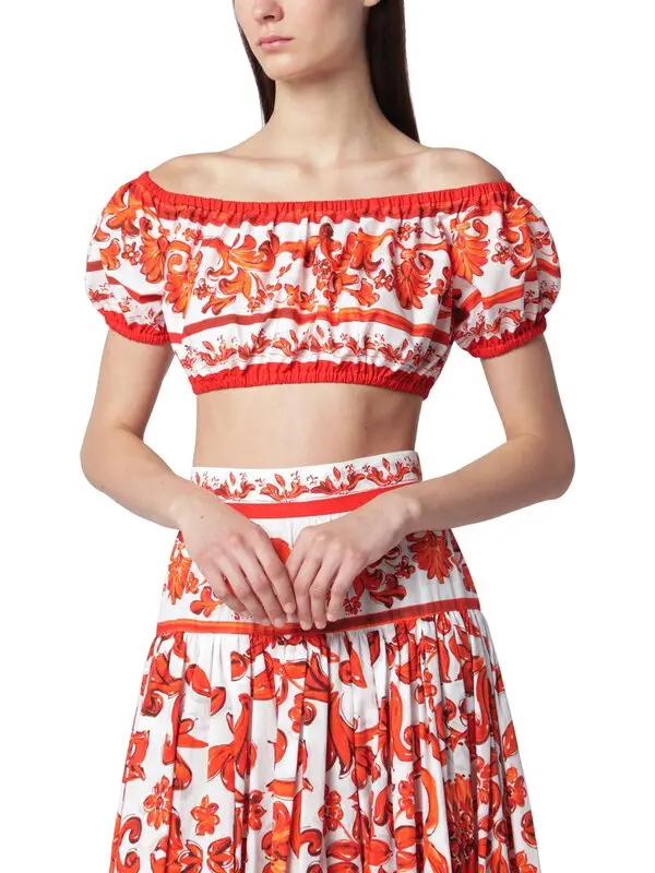 Dolce & Gabbana Maiolica-print Cotton Poplin Top - Orange