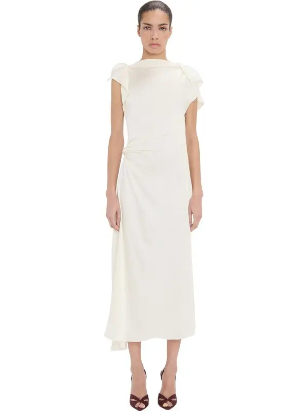 Victoria Beckham Drape Midi Dress With Asymmetric Hemline And Cap Sleeves - Ivory