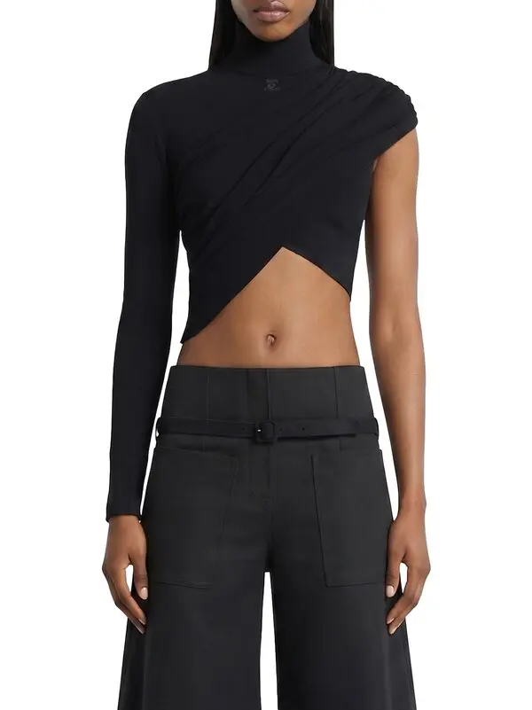COURREGES Stretch-viscose One-shoulder Turtleneck Crop Top - Black