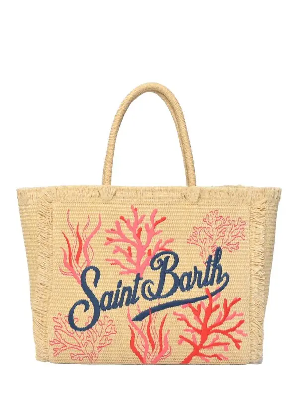 MC2 SAINT BARTH Raffia Embroidered Logo Handbag - Beige