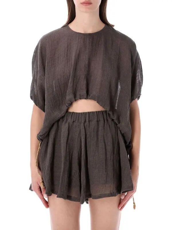 120% Lino Linen Cropped Top With Crew Neck And Short Sleeves - Brown