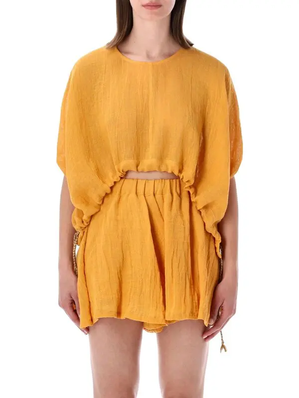 120% Lino Linen Cropped Top With Crew Neck And Short Sleeves - Orange