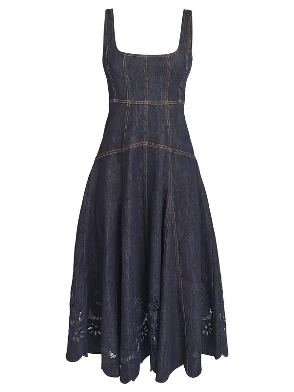 SELF-PORTRAIT Broderie Anglaise Denim Mini Dress - Black